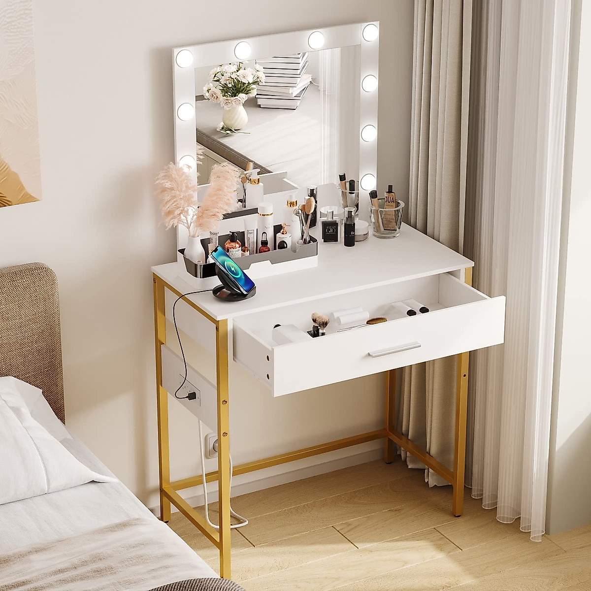 Irontar Makeup Vanity Table with Charging Station and USB Ports & Power Outlets, Bedroom Vanity Desk with Lights and Mirror for Women, Makeup Table with Drawer, White