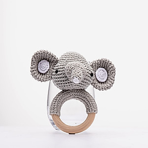 Youuys Wooden Baby Rattle Toys, Easter Rattle for Baby Crochet Elephant Rattle Toy Natural Wood, Shaker Rattle for Hand Grips, Boy Girl First Rattle Gift, Newborn Gifts (Elephant)