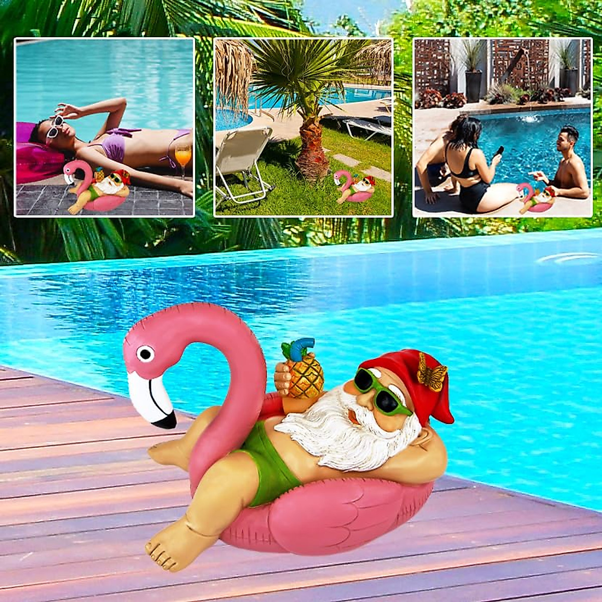 Mood Lab Garden Gnome on Flamingo - Funny Gnome Figurine - 8 Inch Depth Lawn Statue - for Outdoor or House Decor