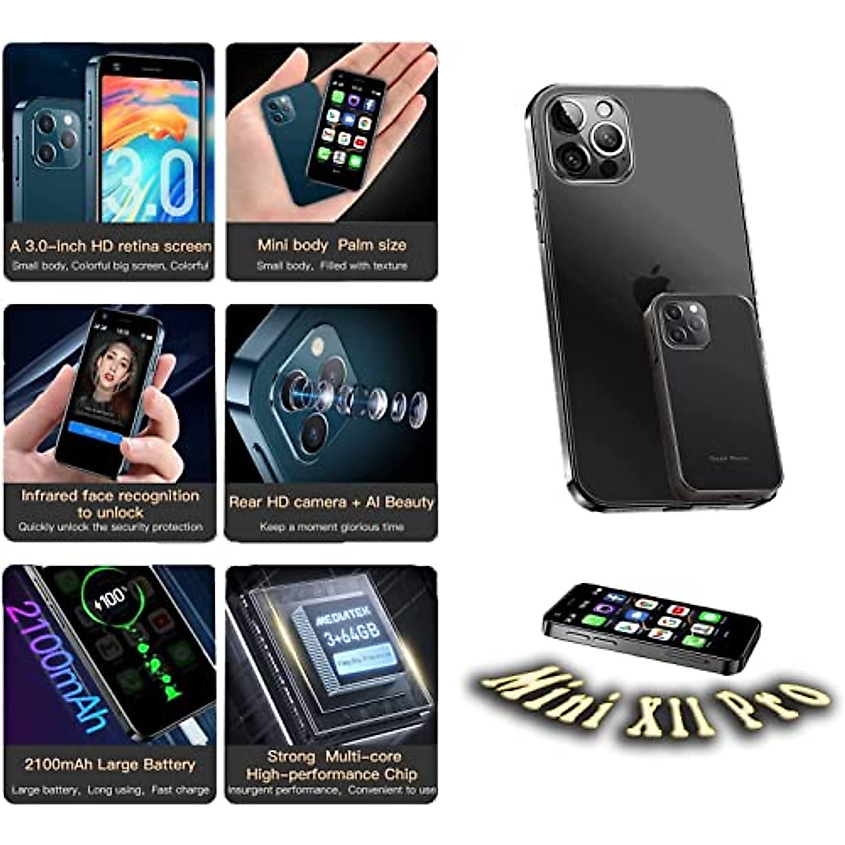 iLight Mini Smartphone 13 Pro World's Smallest 13 Pro 4G LTE Android Mobile Phone Super Small Tiny 3" Touch Screen 13+ Design Global Unlocked Great for Kids 2GB /16GB Tiny iPhone 13 Pro Max Look Alike