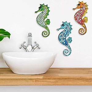 Maansfy Seahorse Wall Decor Mosaic Glass Art Metal Sculpture Hanging Decorations Set of 3 for Home Garden Bedroom Patio