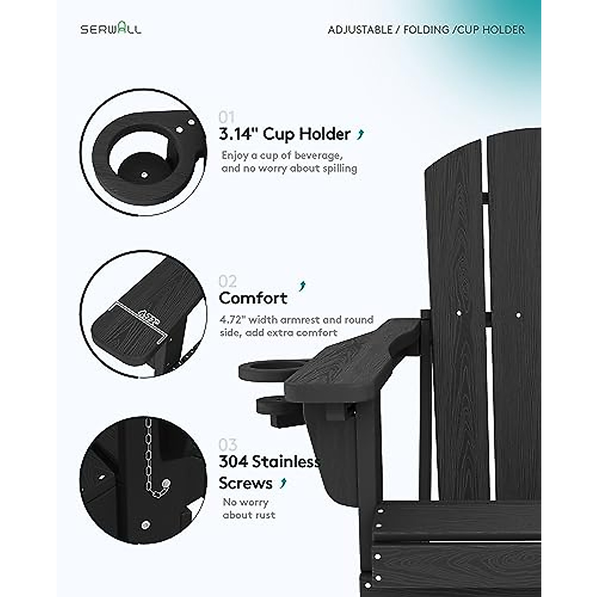 SERWALL Folding Reclining Adirondack Chair Carbon Black