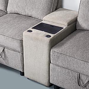 beyond SMART End Table with Audio,Upholstered Console, Modular Console with Cup Holder&Wireless Charging, Power Console Sofa Table, Almond