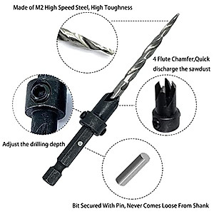 Saipe 5pcs Wood Countersink Drill Bit Set with 2pcs Counter Sinker Replacement Tapered Drill Bit All Same Size 11/64" Quick Change Hex Shank Screw Drill Counter Sink Bit for Drilling Pilot Hole