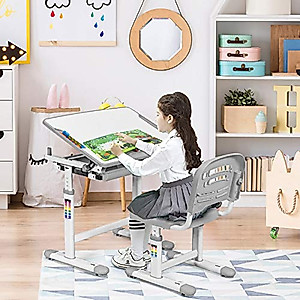 BABY JOY Kids Desk and Chair Set, Height Adjustable Child Desk Set w/Tilt Desktop, Pull Out Drawer Storage, Metal Hook, Multifunctional School Student Study Desk Chair for Boys & Girls (Grey)