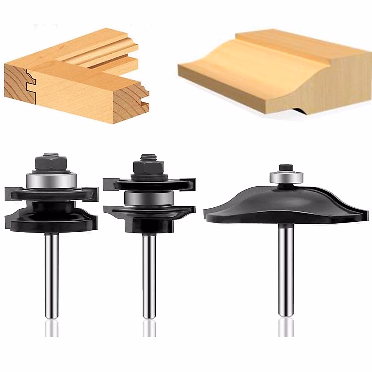 LEATBUY 3PCS Router Bit Set 1/4-Inch Shank, Round Over Raised Panel Cabinet Door Ogee Rail and Stile Router Bits, Woodworking Wood Cutter, Wood Carbide Milling Tool(1/4-Line)