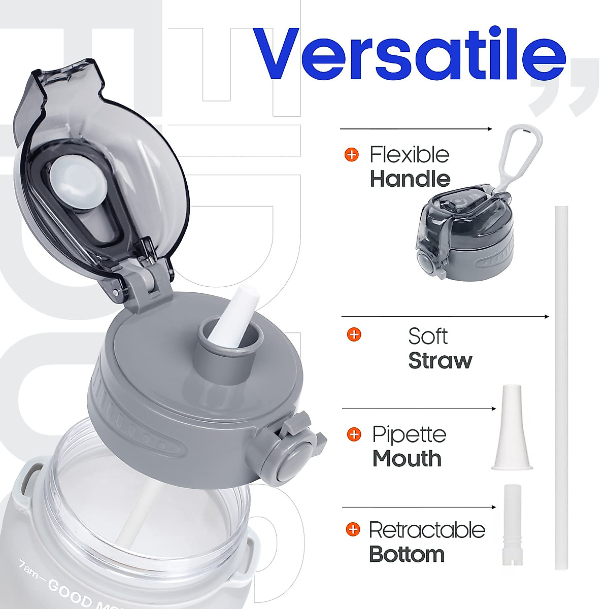 Fidus Large Half Gallon/64OZ Motivational Water Bottle with Paracord Handle & Removable Straw - BPA Free Leakproof Water Jug with Time Marker to Ensure You Drink Enough Water Daily-White/Gray