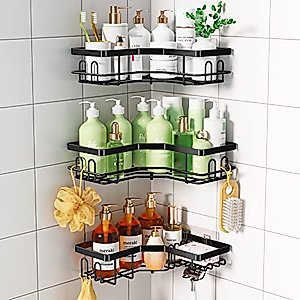 Corner Shower Caddy, Shower Organizer with Soap Holder, 14 Hooks, Adhesive Shower Shelf for Inside Shower, 3 Pack Black Shower Rack, No Drilling Stainless Steel Bathroom Shower Storage Basket