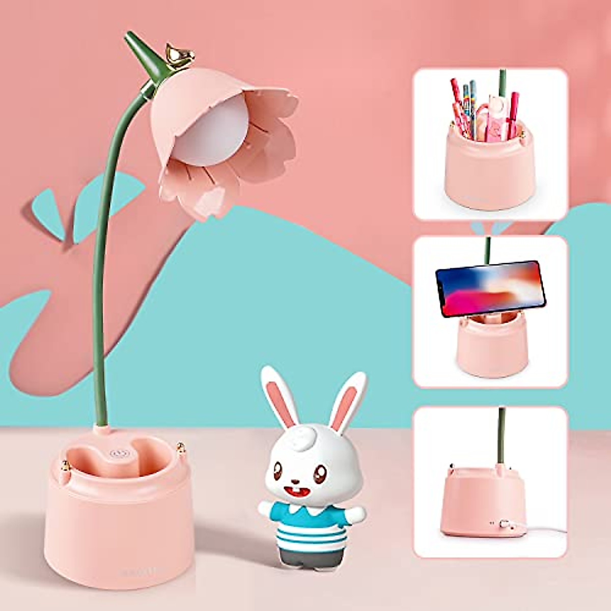 Neporal Small Desk Lamp, Rechargeable LED Desk Lamp Touch Control with 360° Bendable Adjustable Neck , Kawaii Room Accessories, Dimmable Cute Desk Lamp, Pink
