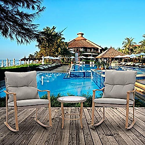 HOMPUS 3-Piece Outdoor Rocking Chairs Bistro Set Wicker Patio Furniture Set Wood Arm Rest Patio Rockes Set w Warm Gray Cushions, Front Porch Rocking Chairs with Glass Coffee Table for Balcony,Garden