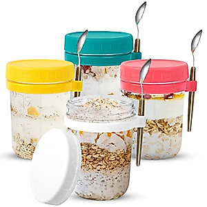 Korlon 4 Pack Overnight Oats Containers with Lids, 16oz Glass Food Oatmeal Container, Wide Mouth Overnight Oats Jars with Spoons for Cereal Yogurt Fruit Vegetable Milk