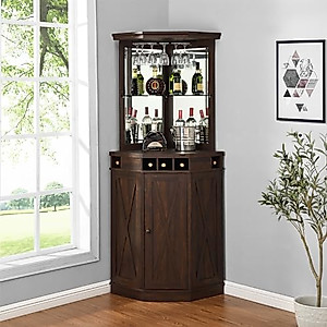 Home Source 73" Tall Corner Storage Cabinet with Wood Doors, Wine Rack, Liquor Glass Holder, Glass Design Large Rustic Bar Hutch for Living Room, Home Office, Kitchen, Small Space, Mahogany