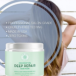 Pure Body Naturals Coconut Oil Hair Mask, Deep Conditioning Hair Treatment for Dry Damaged and Color Treated Hair, Sulfate Free Hair Conditioner, Moisturizes, Repairs, 8.8 Fl Oz