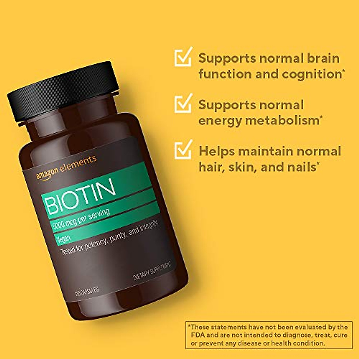 Amazon Elements Vegan Biotin 5000 mcg - Hair, Skin, Nails - 130 Capsules (4 month supply) (Packaging may vary)