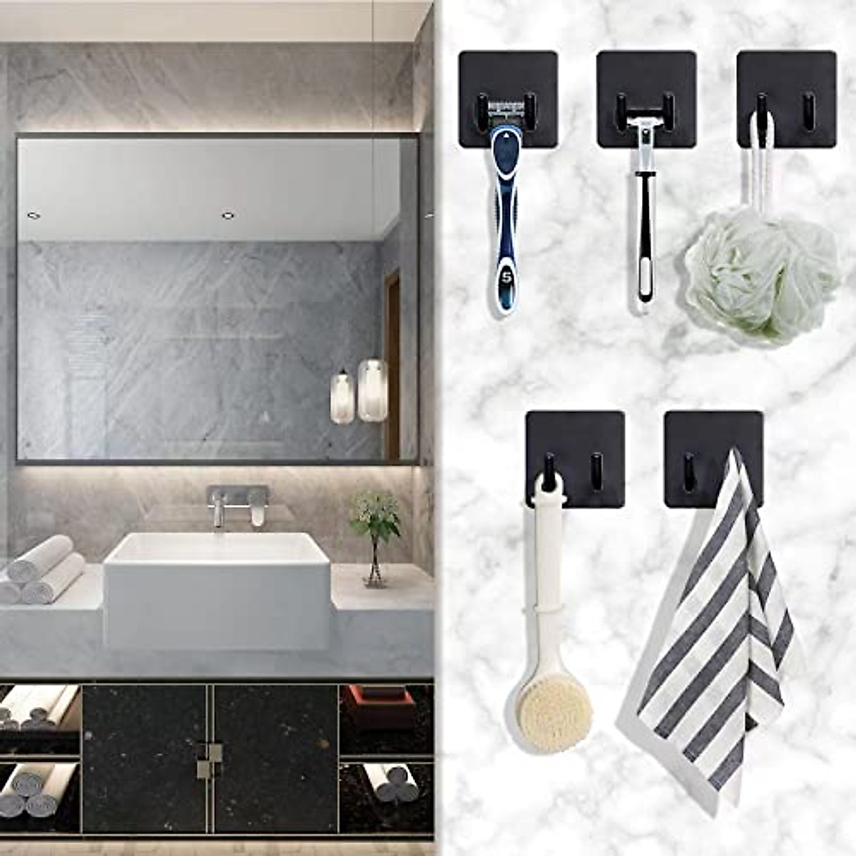 ArtHue Adhesive Hooks, Stainless Steel Razor Holder for Shower Hooks,Heavy Duty Wall Mount Robe Towel Hooks for Bathroom Bedroom Hanging Coat, Hat, Key -Black(6pack)