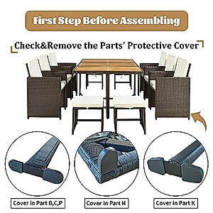 Merax 11-Piece Patio Furniture Set, All-Weather PE Wicker Dining Table Set with Wood Tabletop, Foldable 6 Chairs and 4 Stools, Space-Saving Design, Brown Rattan Beige Cushions Zippered