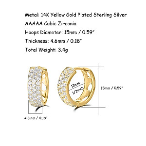 Carleen 925 Sterling Silver Hoop Earrings 14K Gold Plated Pave Set Cubic Zirconia CZ Simulated Diamond Small Thick Sparkle Fine Jewelry Birthday Gifts for Women, Diameter 15mm Width 5mm