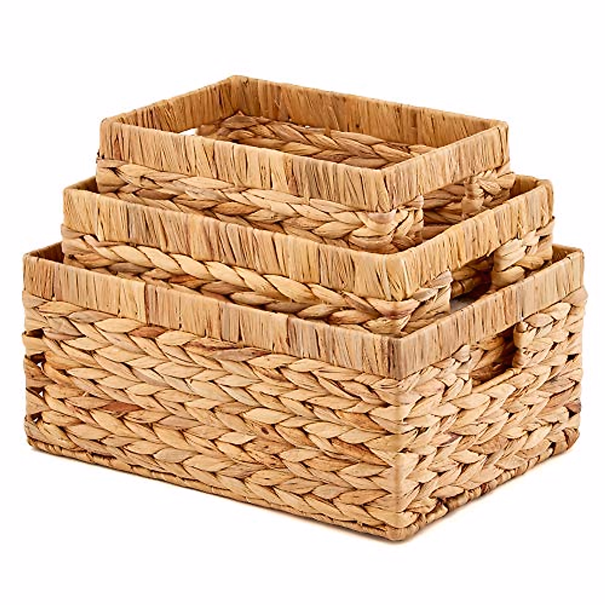 EZOWare Set of 3 Natural Water Hyacinth Wicker Baskets, Environmental Friendly Natural Storage Organizer Nesting Boxes with Handle - Mixed Size (1 Large, 1 Medium, 1 Small)