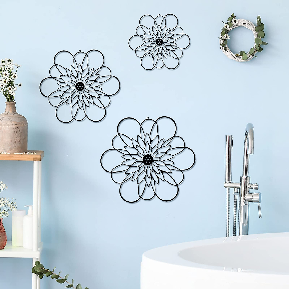 3 Pieces Metal Flower Wall Decor Rustic Galvanized Metal Flower Hanging Metal Flower Wall Art Wire Outline Wall Flowers Decor for Home Bedroom Bathroom Kitchen Garden Wall Art (1 Style)