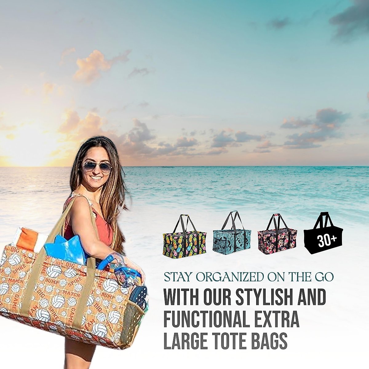 Lucazzi Extra Large Utility Tote Bag - Oversized Collapsible Reusable Wire Frame Rectangular Canvas Basket With Two Exterior Pockets For Beach, Pool, Laundry, Car Trunk, Storage - Chevron Black