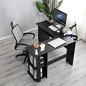 SogesHome Corner Desk L Shaped with Shelf Desk 51.2 x 51.2 inches Large Size Wood Computer Desk Home Office Desk L Desk, Black