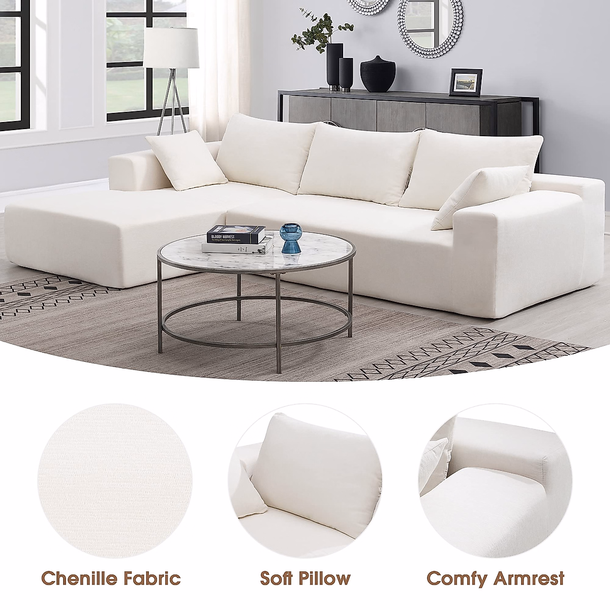 CALABASH Modern Modular Sectional Sofa, Chenille L-Shaped Couch Minimalist 2 Pieces Cloud Couch Sofa with Chaise & Pillows for Living Room Apartment, No Assembly Required (Beige)