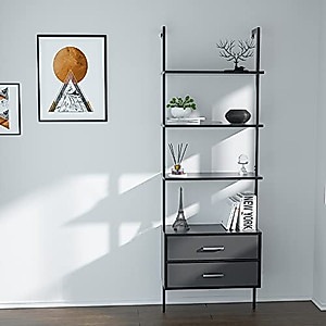 KEVINSPACE 4 Tier Ladder Shelf, Wall Mounted Ladder Bookshelf with 2 Drawers, Modern Bookcase with Industrial Metal Frame, Wooden Storage Display Shelves for Living Room Bedroom Office, Black&Grey