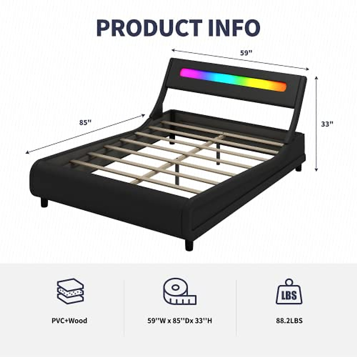 ZAFLY Modern Platform Full Bed Frame,Full Size Bed Frame with RGB LED Headboard,Wooden Slats Support/No Box Spring Needed/No Mattress,Black