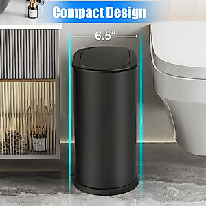 Anzoymx Stainless Steel Bathroom Trash Cans 1.8 Gallons Small Garbage Can with Pop up Lid, Metal Narrow Wastebasket, Slim Waterproof Litter Trash Bins Set for Bedroom, Toilet, Office (Black)