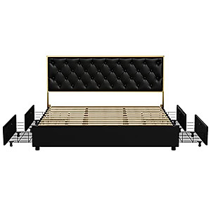 HIFIT Queen Bed Frame with 4 Storage Drawers, Faux Leather Queen Platform Bed Frame with Button Tufted Headboard, Heavy Duty Mattress Foundation with Wooden Slats, No Box Spring Needed, Golden & Black