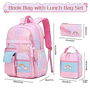 InduSKY Girls Backpack, Cute Rainbow School Backpack for Girls with Insulated Lunch Box Pencil Case Set, Kids Backpack Kindergarten Elementary Middle School Book Bag for Teen Girls Children Students