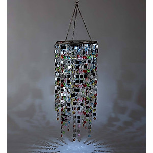 Wind & Weather Concentric Rings Silver and Multi-Colored Mirrored Outdoor Chandelier with Solar Lights Powered by Discreet Solar Panel in Top with Hanging Chain Included, 8½" Dia. x 29" H, Chain 9¼"L
