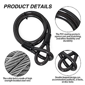 Alston Bike Cable Chain Locks 1.2M/4FT Safety Cables Lock Loops Braided Steel Cable Coated with Double Lock Loops for Bicycle Boat Gate Motrobike