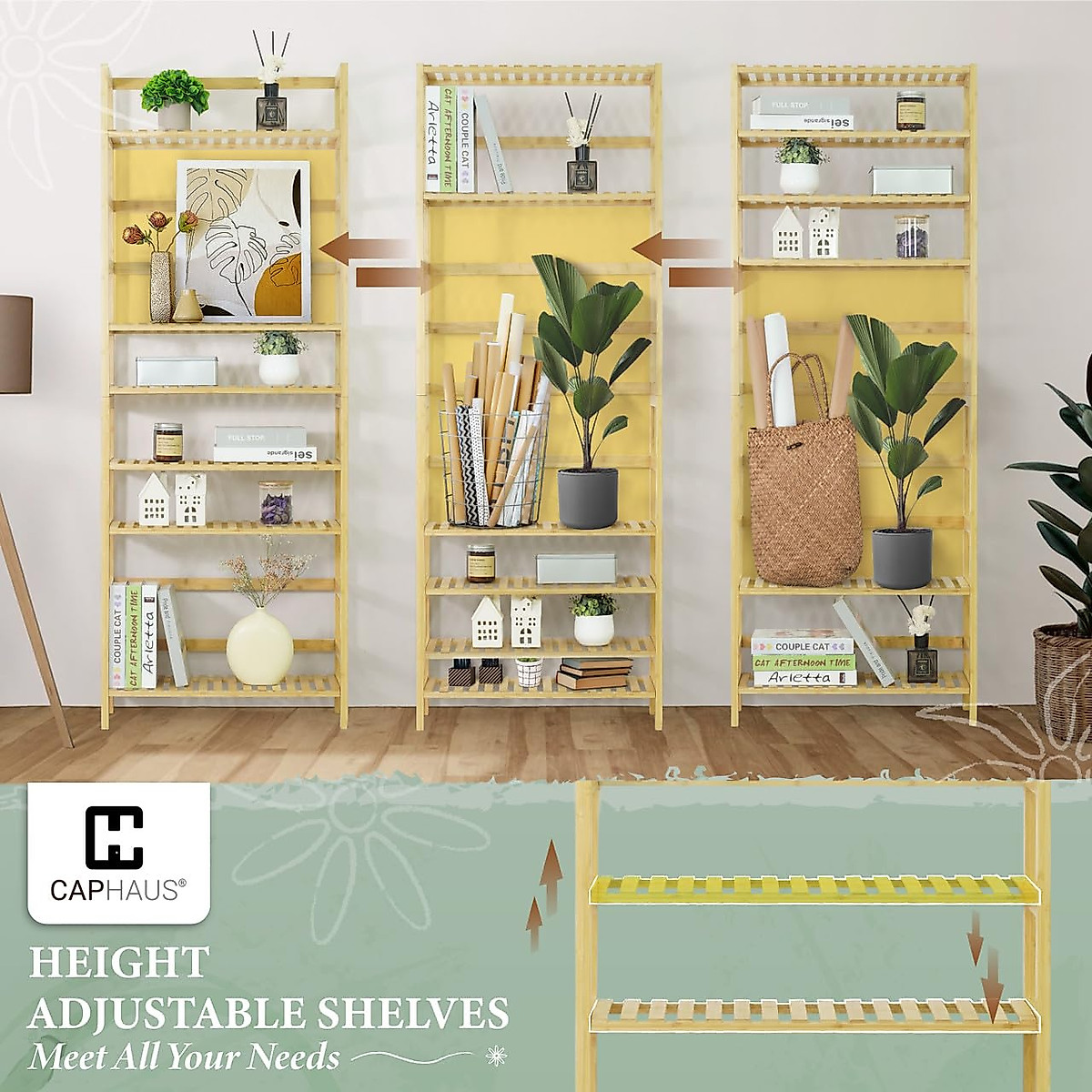 CAPHAUS 6-Tier Bamboo Shelf, Bamboo Open Storage Bookcase with Adjustable Layer, Freestanding Plant Display Stand, Multifunctional Storage Rack Stand for Bathroom, Bedroom, Kitchen, White