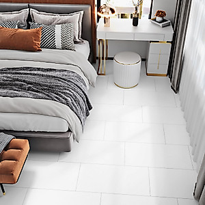 STICKEEP White Peel and Stick Floor Tile Waterproof 12&quot;x24&quot; Sheet Vinyl Flooring Peel and Stick Bathroom Floor Tile Stickers Linoleum Flooring Self Adhesive Floor Tiles Vinyl for Bedroom Kitchen 4 PCS