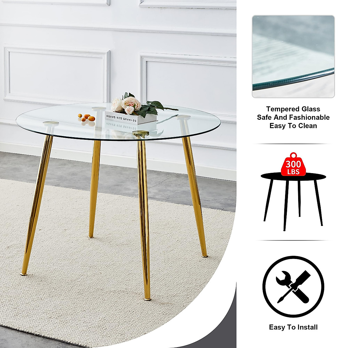 Ginxesh Modern Round Glass Dining Table for 4,40 Inch Small Round Dining Table with Gold Chrome Metal Legs,Circle Dining Table for Kitchen,Apartment(Gold, Table)