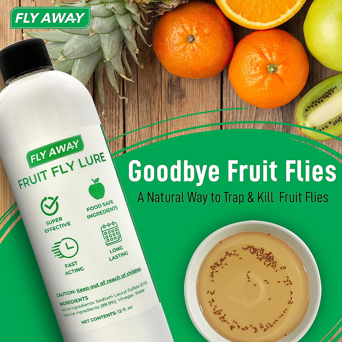 Fly Away Fruit Fly Liquid Lure - Trap Fruit Flies Fast. Safe Around Food. Fruit Fly Trap Indoor Bait for Kitchens, Restaurants, and Bars. Use Alone or as Refill for Fly Away Fruit Fly Trap Kit (12 oz)