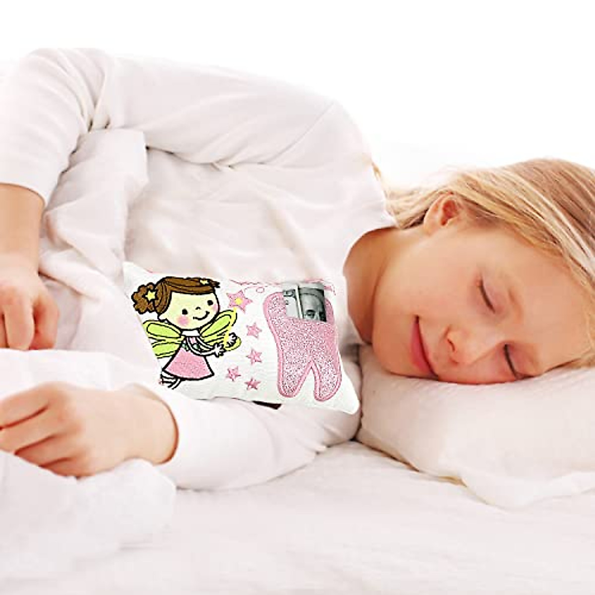 free-space Tooth Fairy Pillow for Boy and Girl Embroidered Cartoon Tooth Pocket Tooth Fairy Gifts Kids (Pink)