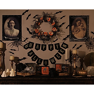 DN DECONATION Halloween Decorations Indoor Set, 24PCS Happy Halloween Banner Bundle, Halloween Garland Fireplace Mantel Decoration for Wall, Scary 3D Bat Spider Web for Spooky Party Home Office Decor