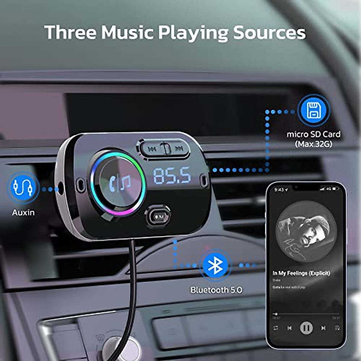 Bluetooth FM Transmitter for Car, Bluetooth 5.0 Wireless Car Adapter with QC3.0 & 5V/2.4A Dual Charging Port, Easy Attached to Air Vent, Hands Free Car Kit, Music Player (TB27), Black1