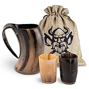 VIKING CRAFT Drinking Horn Mug - Hand Crafted 20oz Beer Mug Set with 2 Horn Cups - Great Viking Gifts for Men, Viking Decor Beer Stein, Norwegian Mead Tankard Mug, Medieval Viking Mug, Coseplay, LARP
