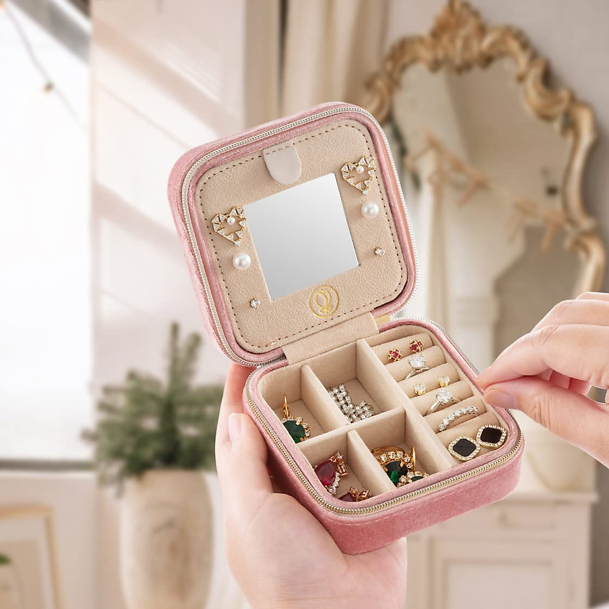 ZPROW Plush Velvet Travel Jewelry Case, Travel Jewelry Organizer, Jewelry Travel Case, Travel Jewelry Box, Small Jewelry Case for Women, Jewelry Travel Box, Earring Organizer with Mirror - Pink