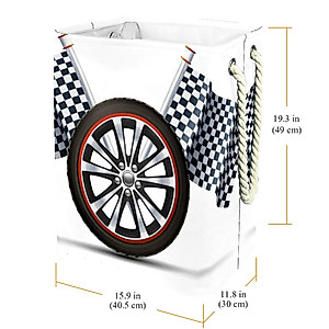 Large Foldable Waterproof Storage Baskets Collapsible Organizer with Carrying Handles for Nursery, Home Closet, Toys, Towels, Laundry - Checkered Racing Flag And Wheel