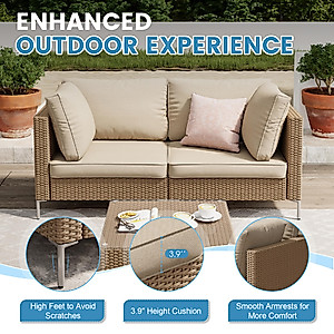 DIFY Outdoor Furniture Patio Set 7 Pieces Wicker Rattan Conversation Set with Thickened Cushions and Coffee Table, Sectional Sofa Set for Porch Deck Garden, Oak