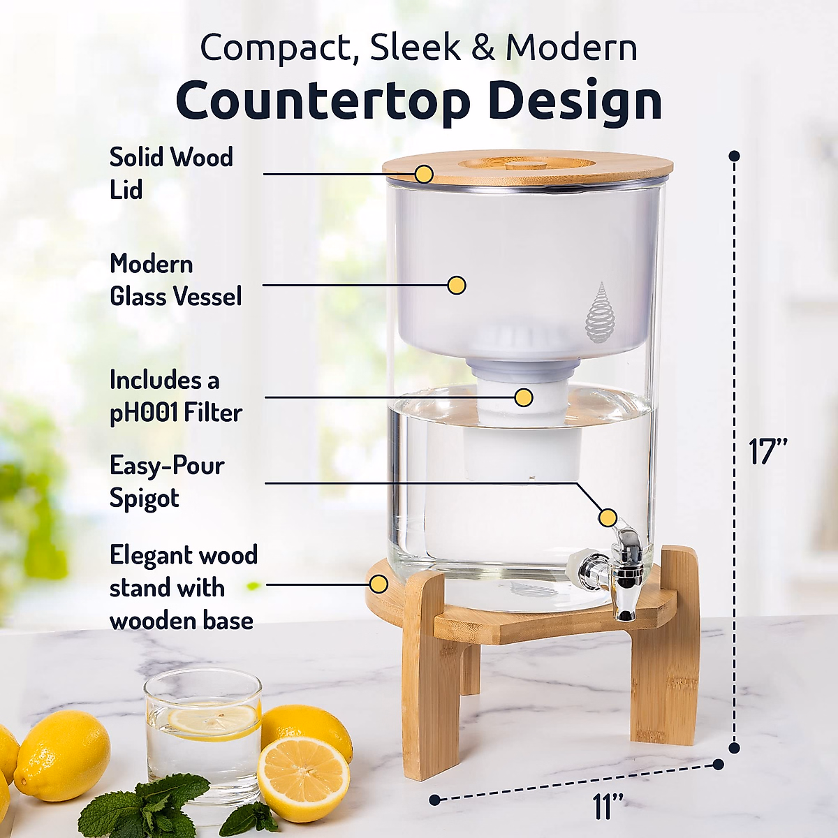 pH Recharge Glass Alkaline Water Filter Dispenser - Countertop Water Filter System - Purifier Pitcher for Home and Office - High pH Pure Drinking Water Filtration - 8.5L/2.25 Gal