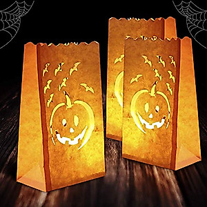 Homemory 24 Pcs Orange LED Tealight Candles with 24 Pcs Orange Halloween Luminary Bags