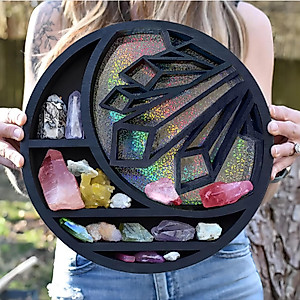 CLKFDCH Wood Crystal Display Shelf, 12 Inch Wooden Crescent Moon Shelf for Crystals Stones, Black Wall Hanging Floating Shelves Home Decor for Essential Oils