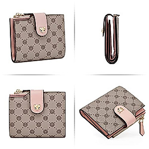 FOXLOVER Small Wallets for Women, Faux Leather Ladies Cute Zipper Purses Wallet with ID Window Credit Card Holders Gift Box Packing Womens Signature Monogram Wallets (Grey+pink)