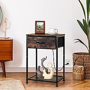 Bedroom Nightstands Set of 2 End Tables Living Room with Charging Station Farmhouse Side Tables Industrial Bedside Tables with Fabric Drawer for Small Spaces Guest Room Home Decor, Rustic Brown