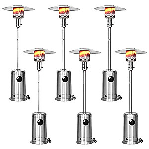 PIONOUS 6 Set of Silver Powerful 48,000 BTU Outdoor Standing Patio Heater with Wheels for Restaurant, Camping, Gardens, Homes, Hotel, Parties